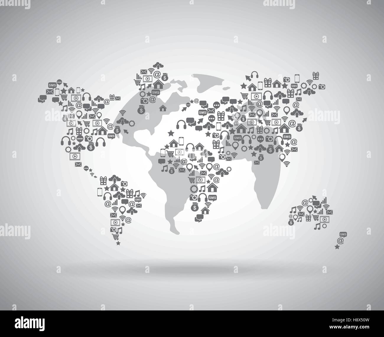 gray world map icon with social media icons over white background ...