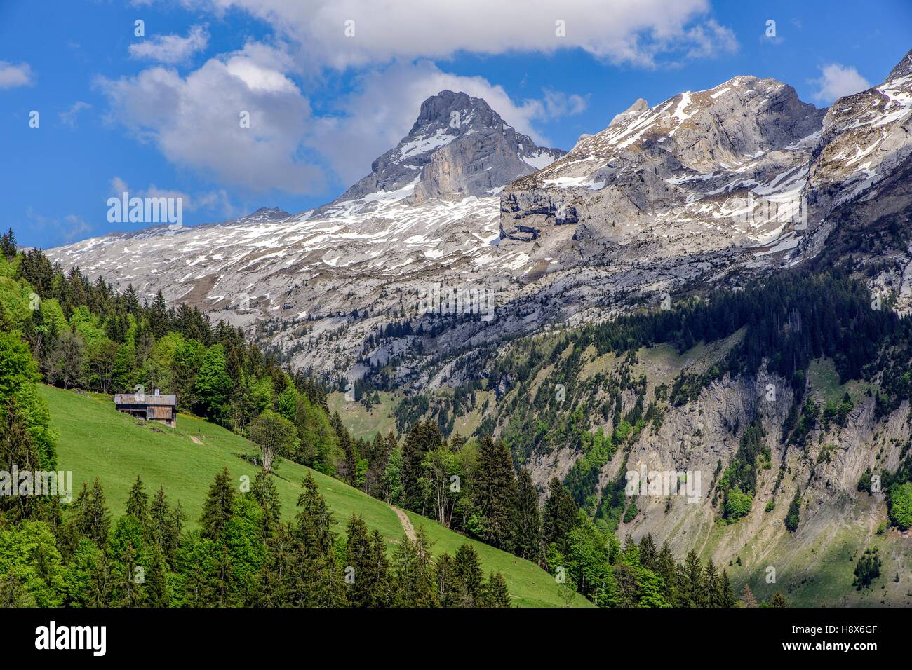 The Pointe Percée in the Aravis mountain range, above the Grand Bornand ...