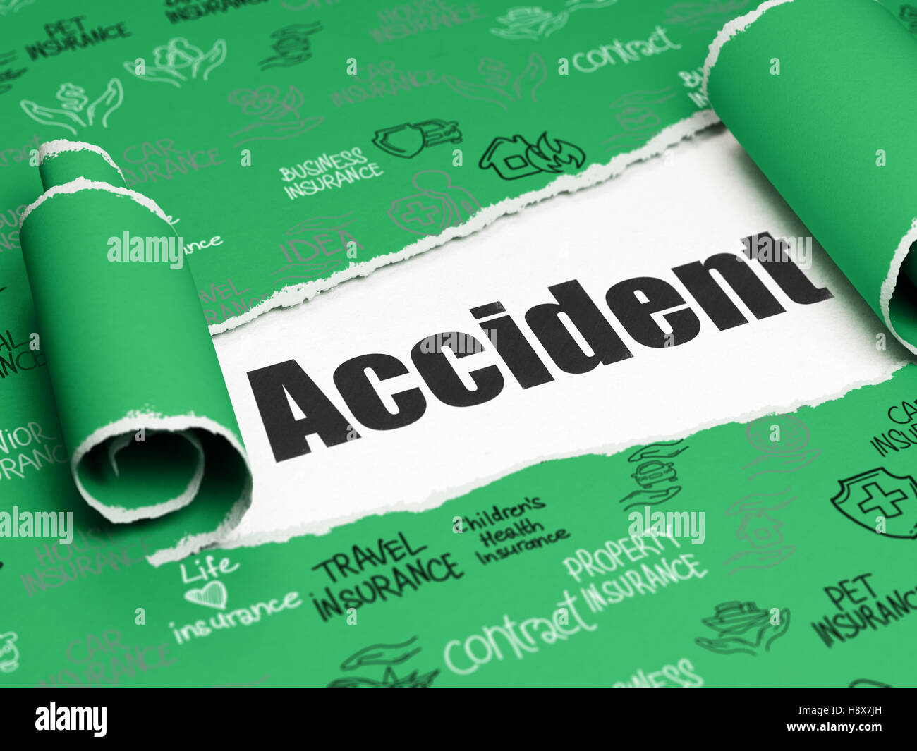 Insurance concept: black text Accident under the piece of torn paper ...