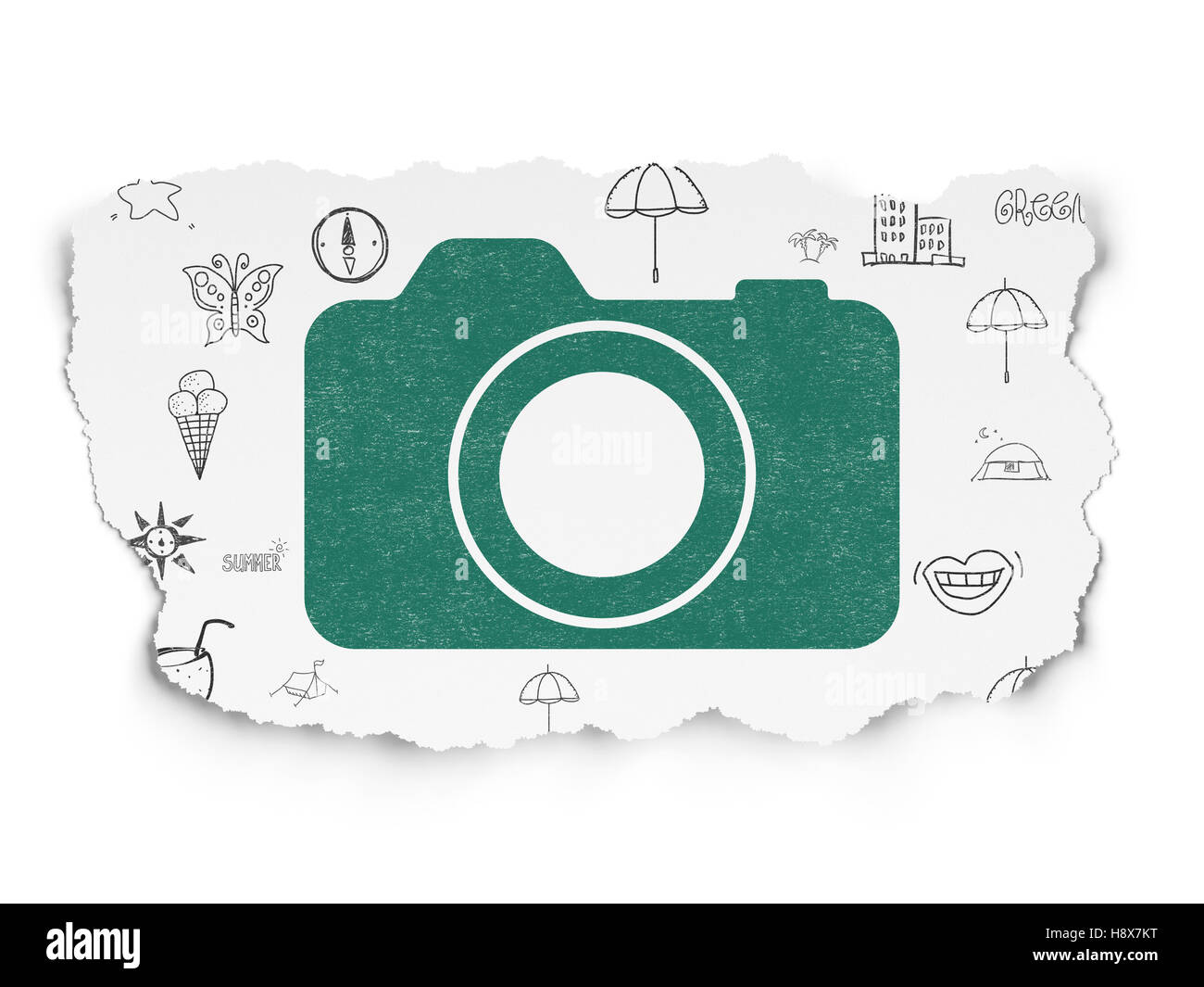 Travel concept: Photo Camera on Torn Paper background Stock Photo - Alamy