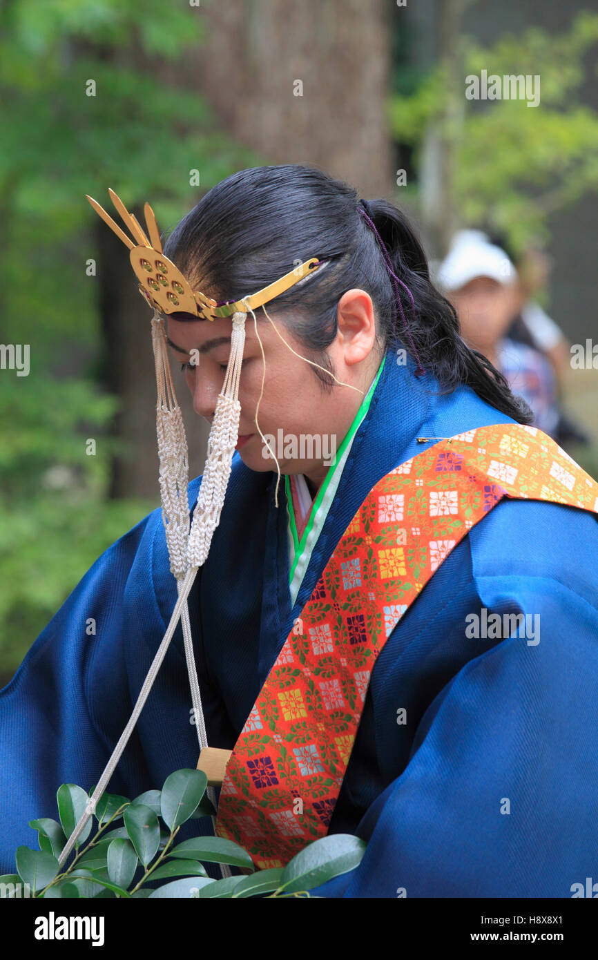 Japan, Sakura City, festival, shinto priestess, woman, people, portrait ...