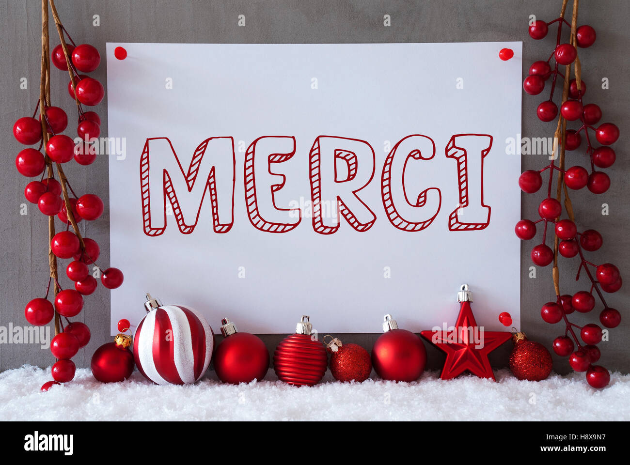 Label, Snow, Christmas Balls, Merci Means Thank You Stock Photo - Alamy