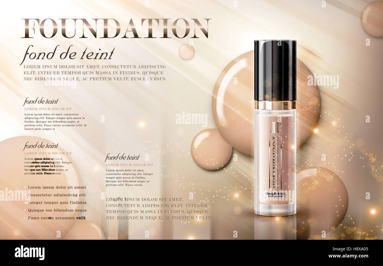 Glamorous foundation ads, glass bottle with foundation and sparkling ...