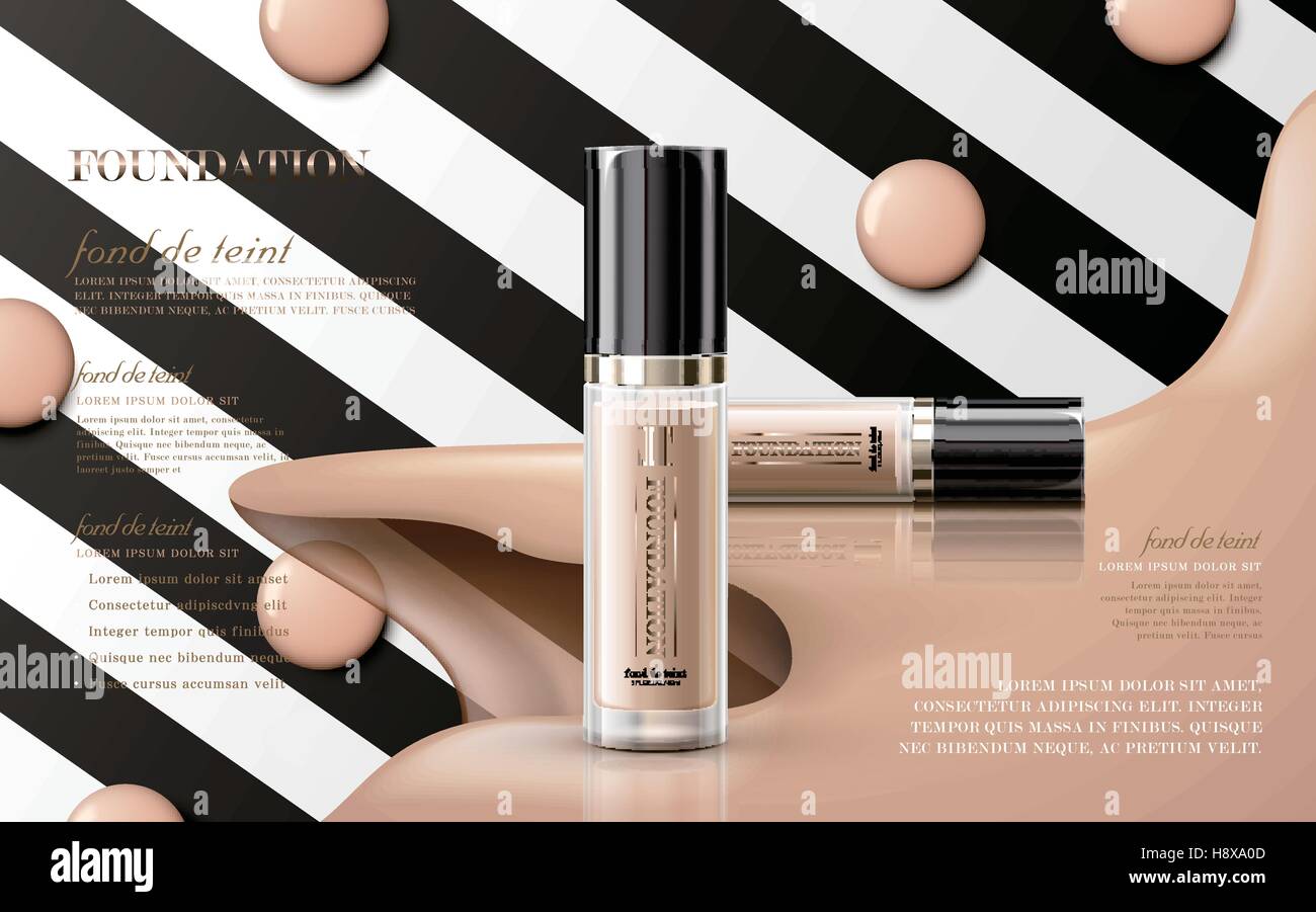 Modern foundation ads, glass bottle with foundation isolated on black ...