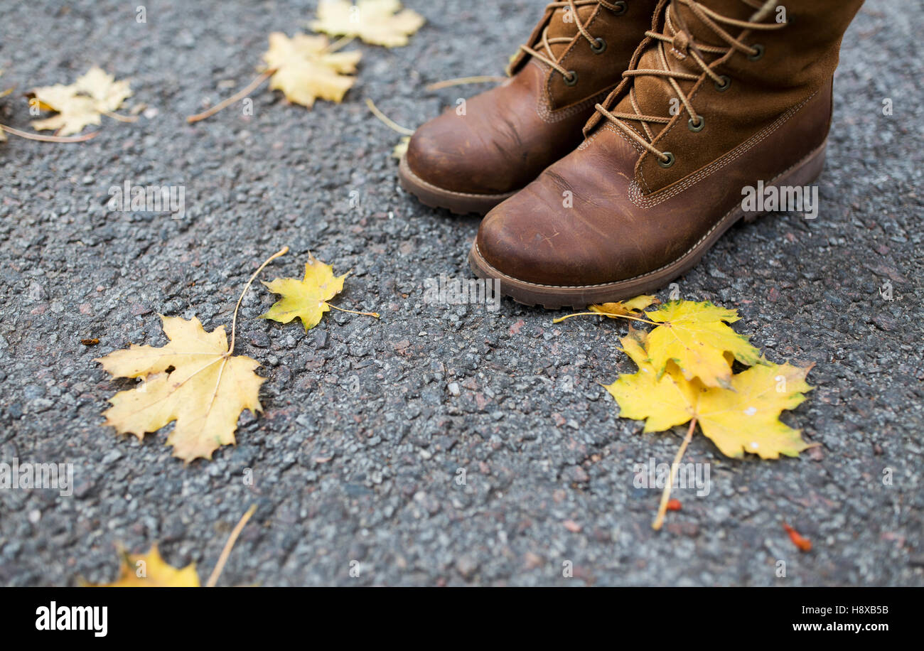 female feet in boots and autumn leaves Stock Photo - Alamy
