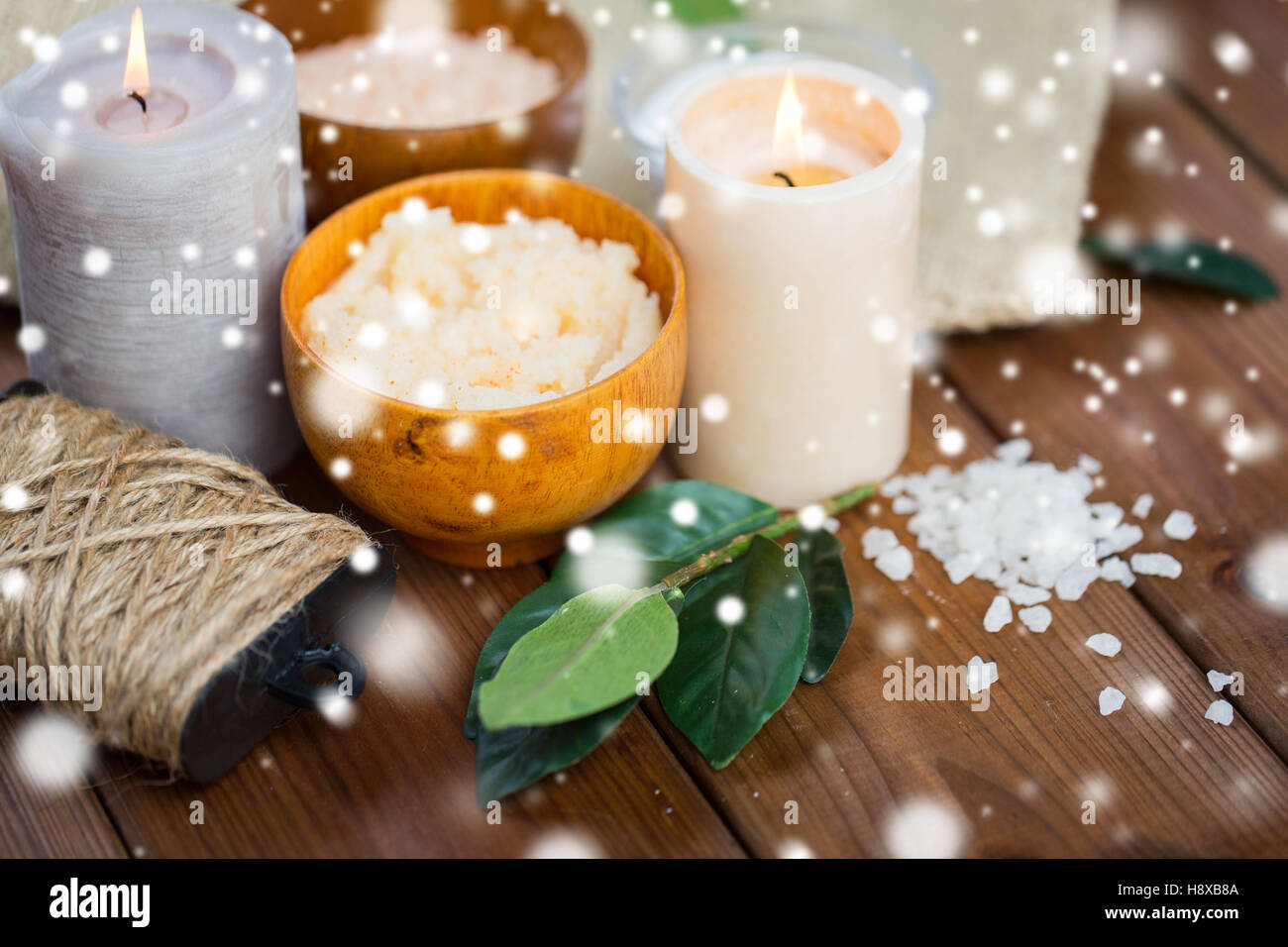 natural body scrub and candles on wood Stock Photo - Alamy