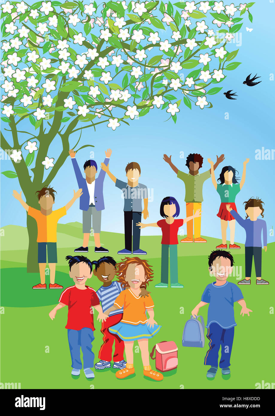 funny Children jump around a tree Stock Photo - Alamy