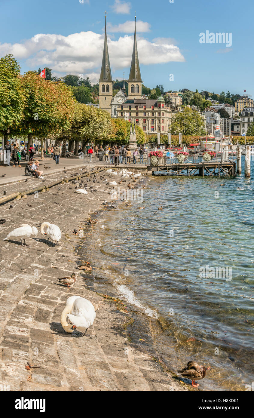 Tourists relax at the Schweizerhofquai lakeshore of Lake Lucerne in ...