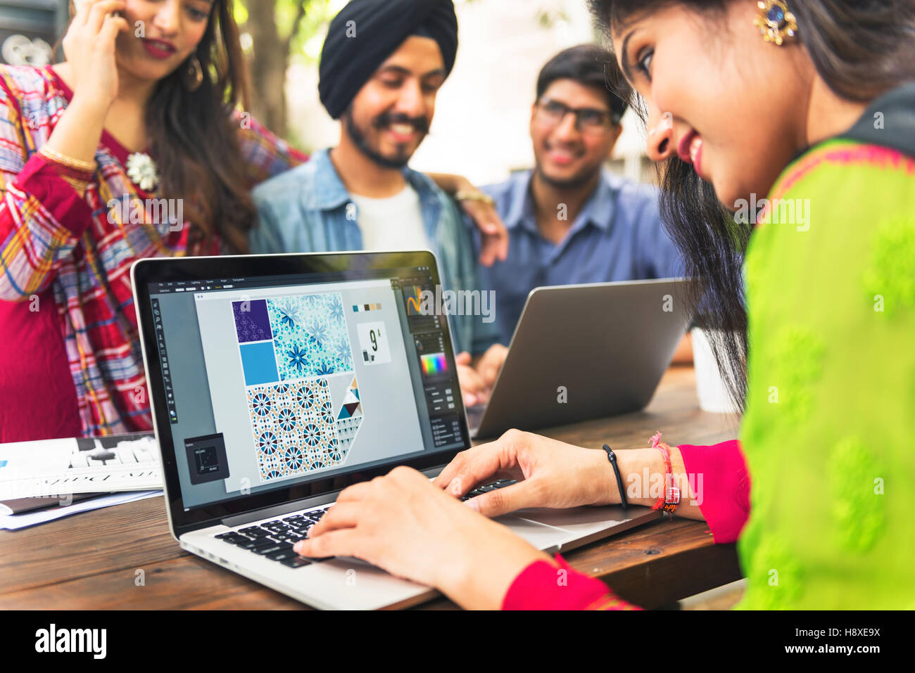 Friend Group Laptop Working Outdoors Concept Stock Photo - Alamy