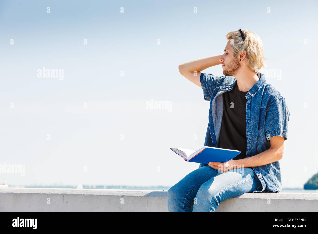 Holiday, outdoor leisure time, introvert relaxation concept. Sitting ...