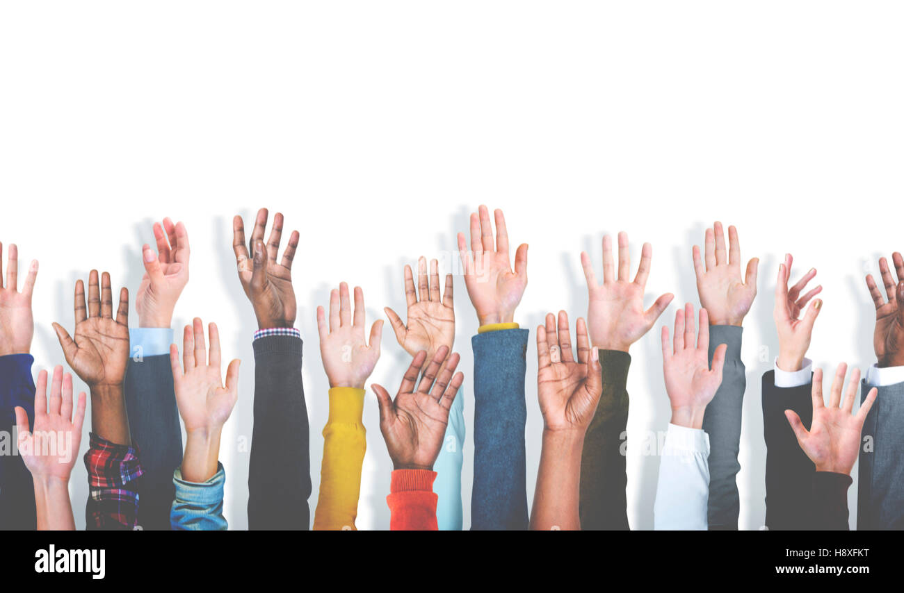 Group of Multiethnic Diverse Hands Raised Concept Stock Photo - Alamy