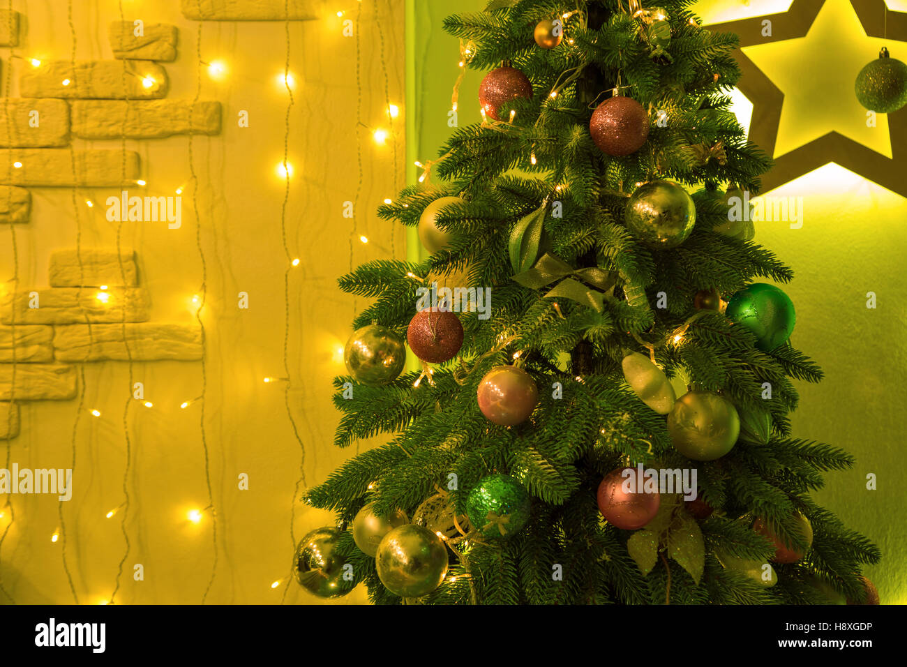 Closeup of Christmas-tree background in the living room of the house ...