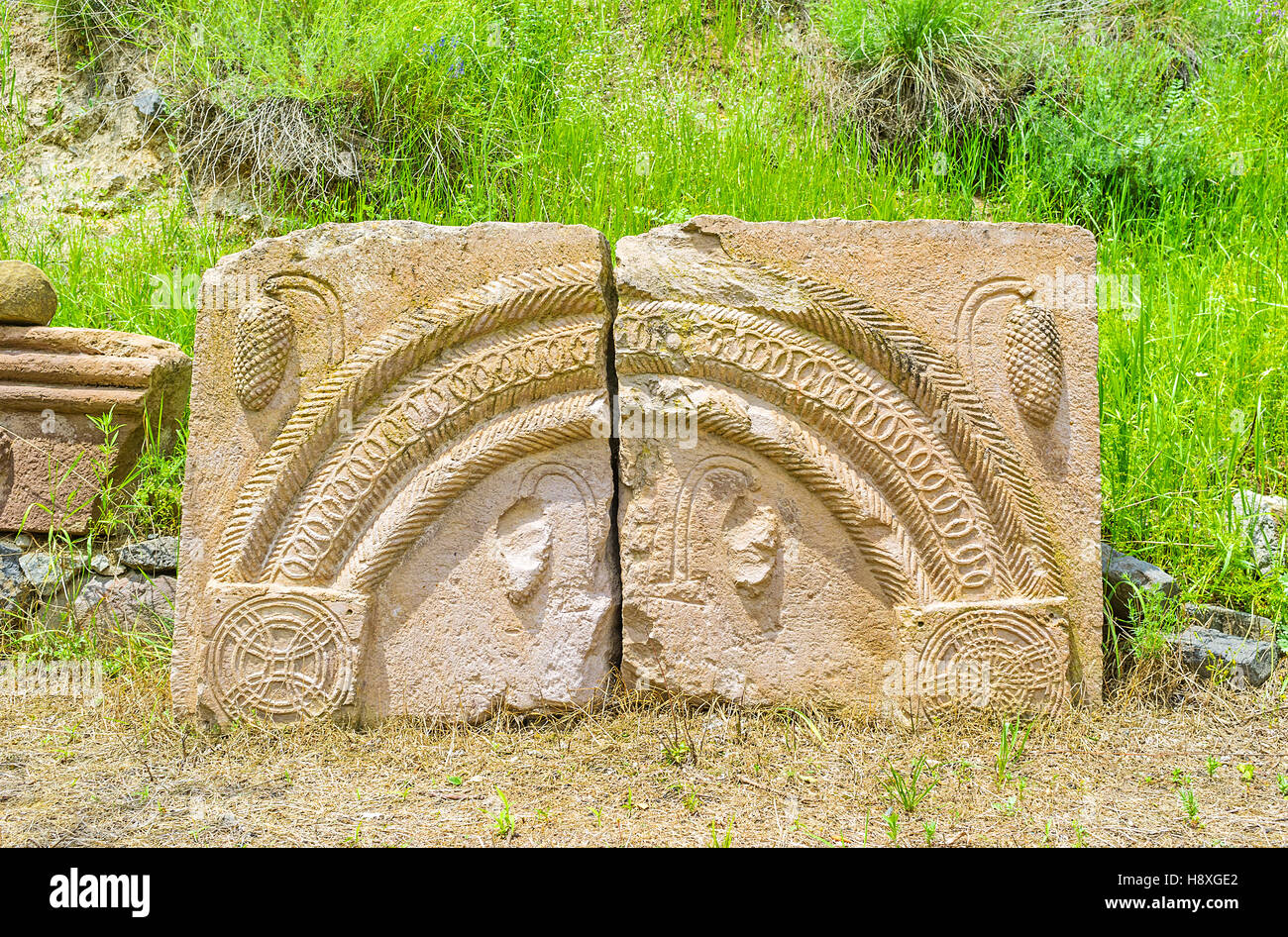 The shattered stone with preserved carved floral patterns in Vardzia ...