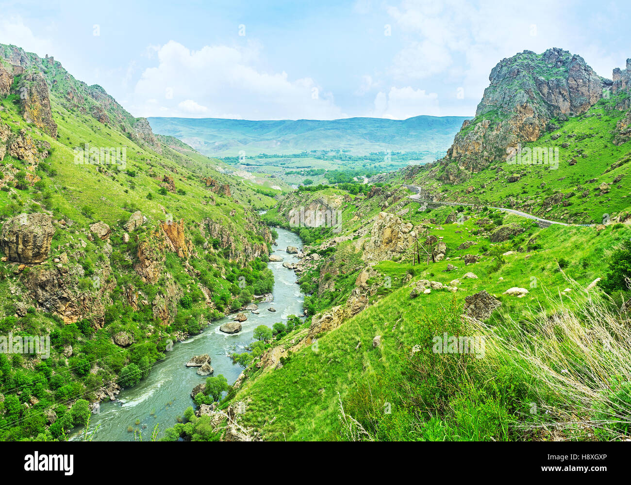 The rocky gorge of Kura river at the foot of the Tmogvi Castle Mount ...