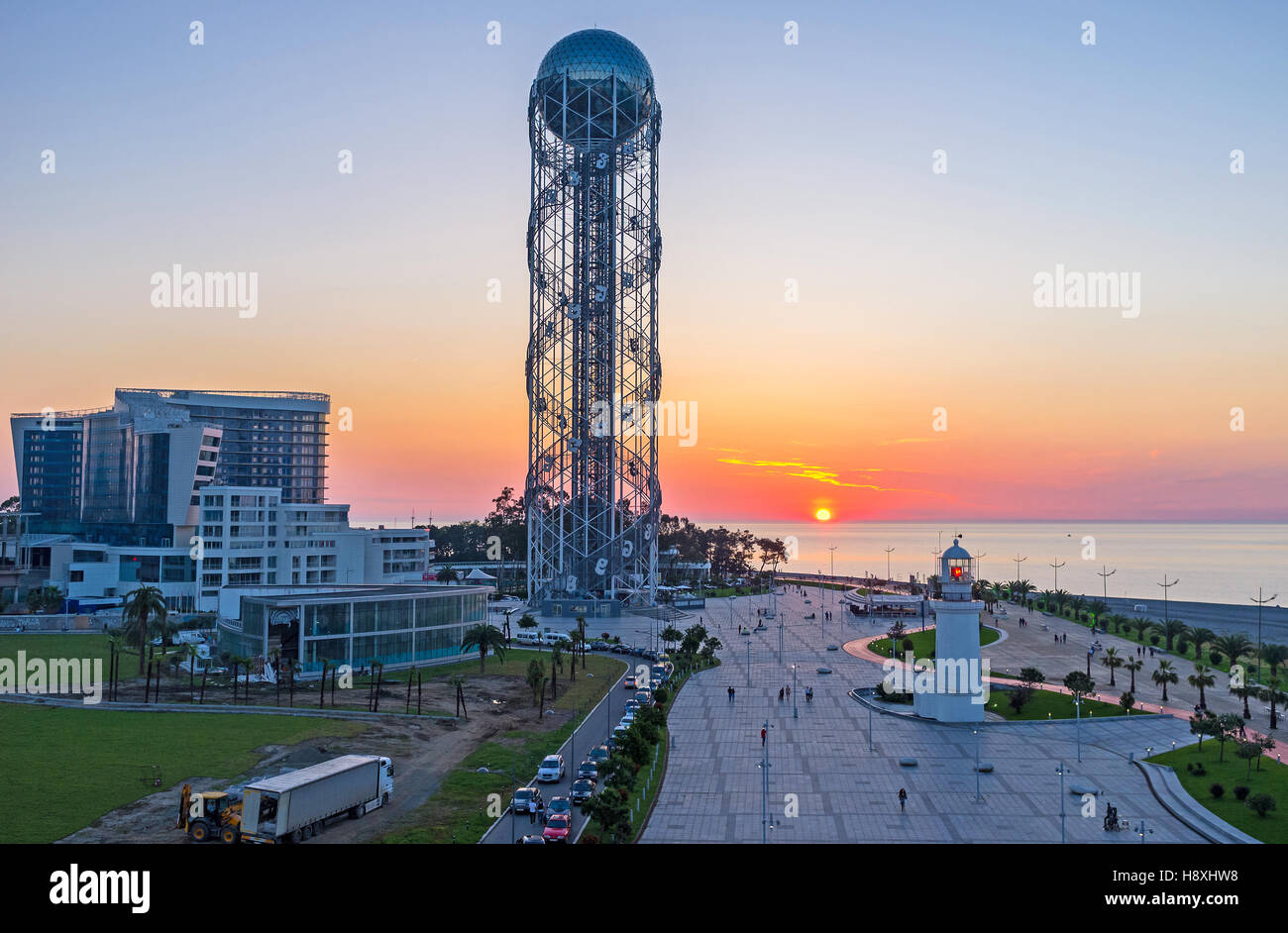 The blue building of Marine Station is seen through the greenery of the ...