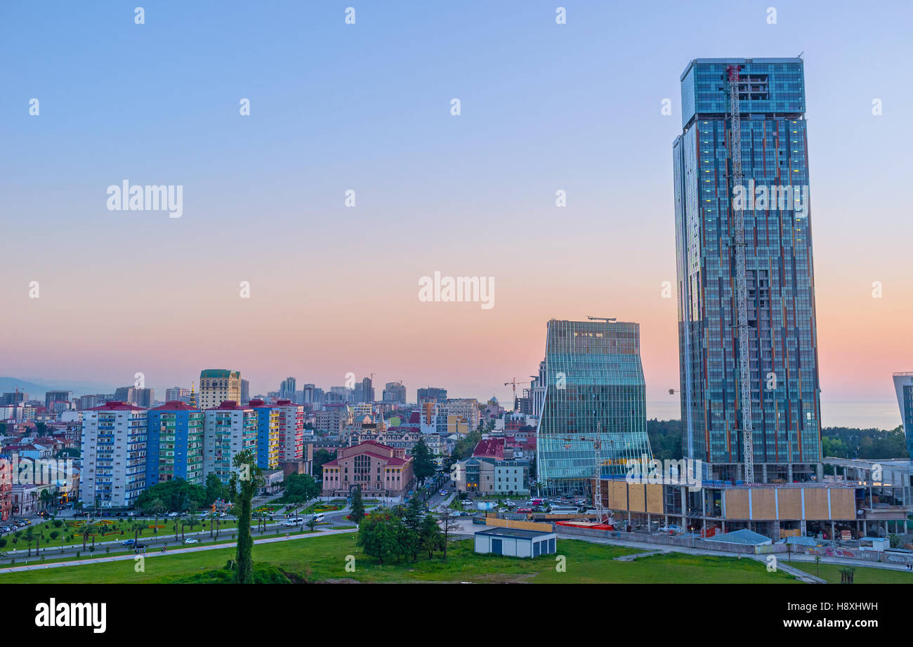 The buildings of Batumi in the last rays of sun before the sunset ...