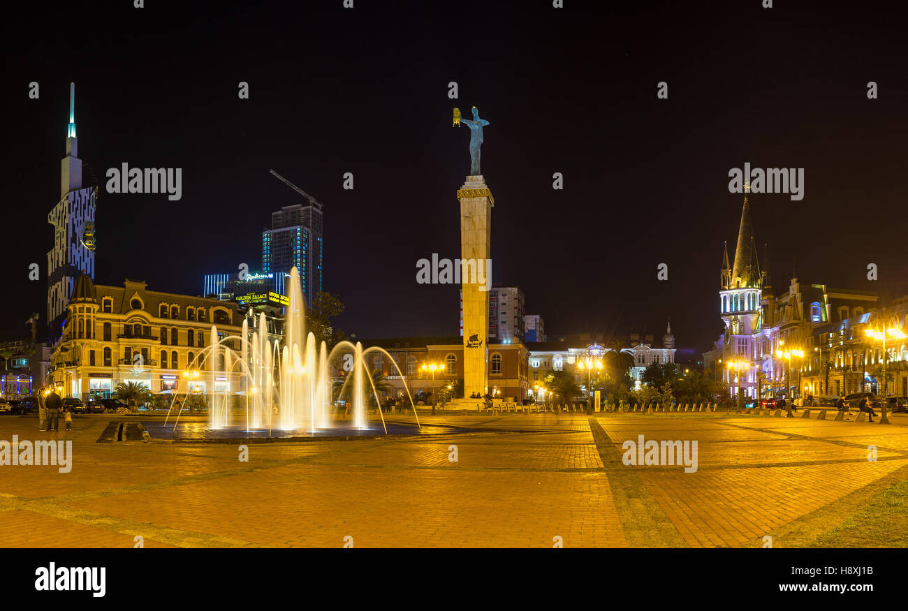 The bright fountain revives the evening Europe Square and brings the ...