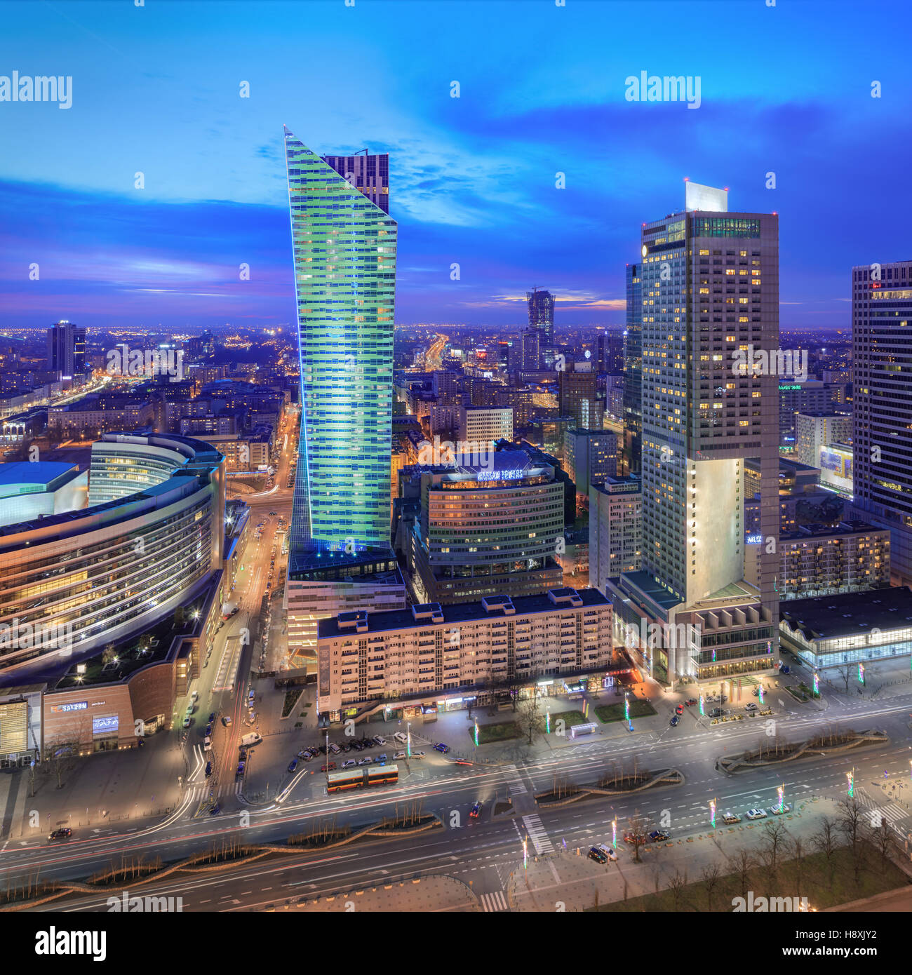 Panorama of modern Warsaw by night Stock Photo - Alamy