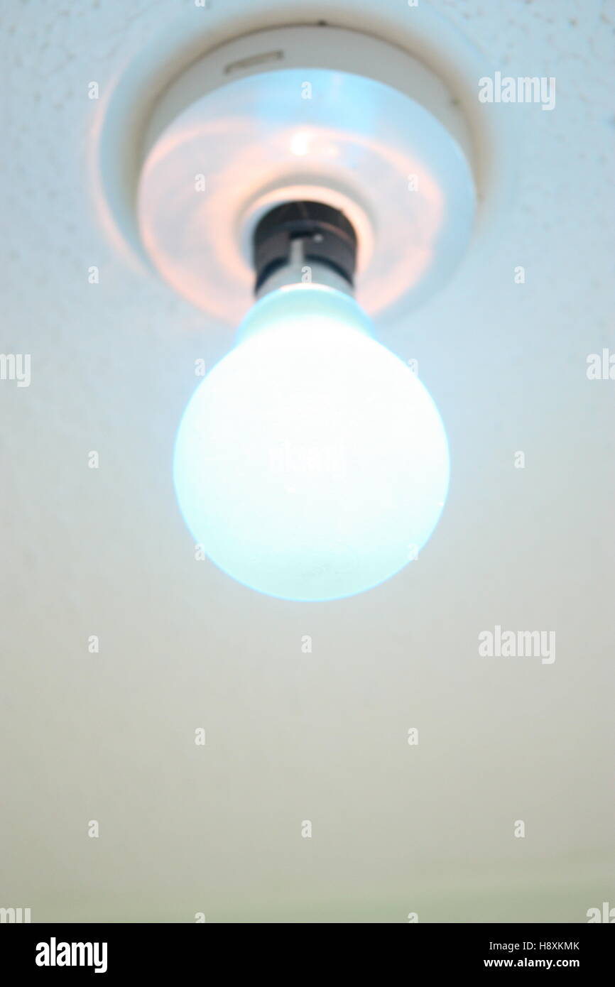 blue lit light bulb fitted to the ceiling Stock Photo - Alamy