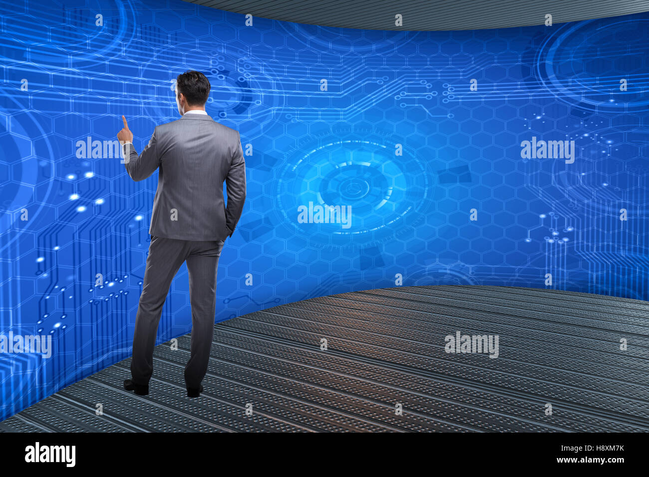 Businessman pressing virtual buttons in futuristic concept Stock Photo ...