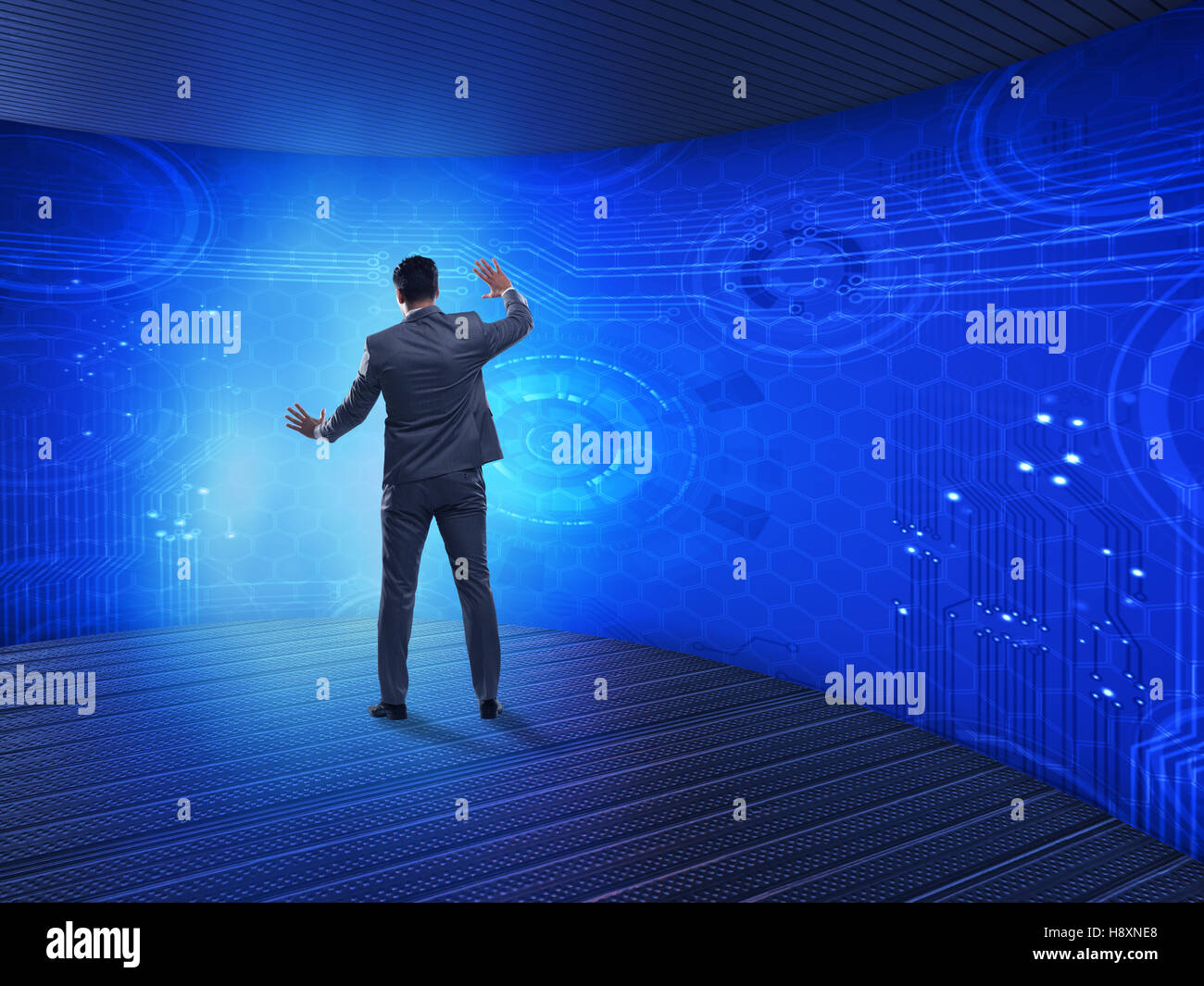 Businessman pressing virtual buttons in futuristic concept Stock Photo ...