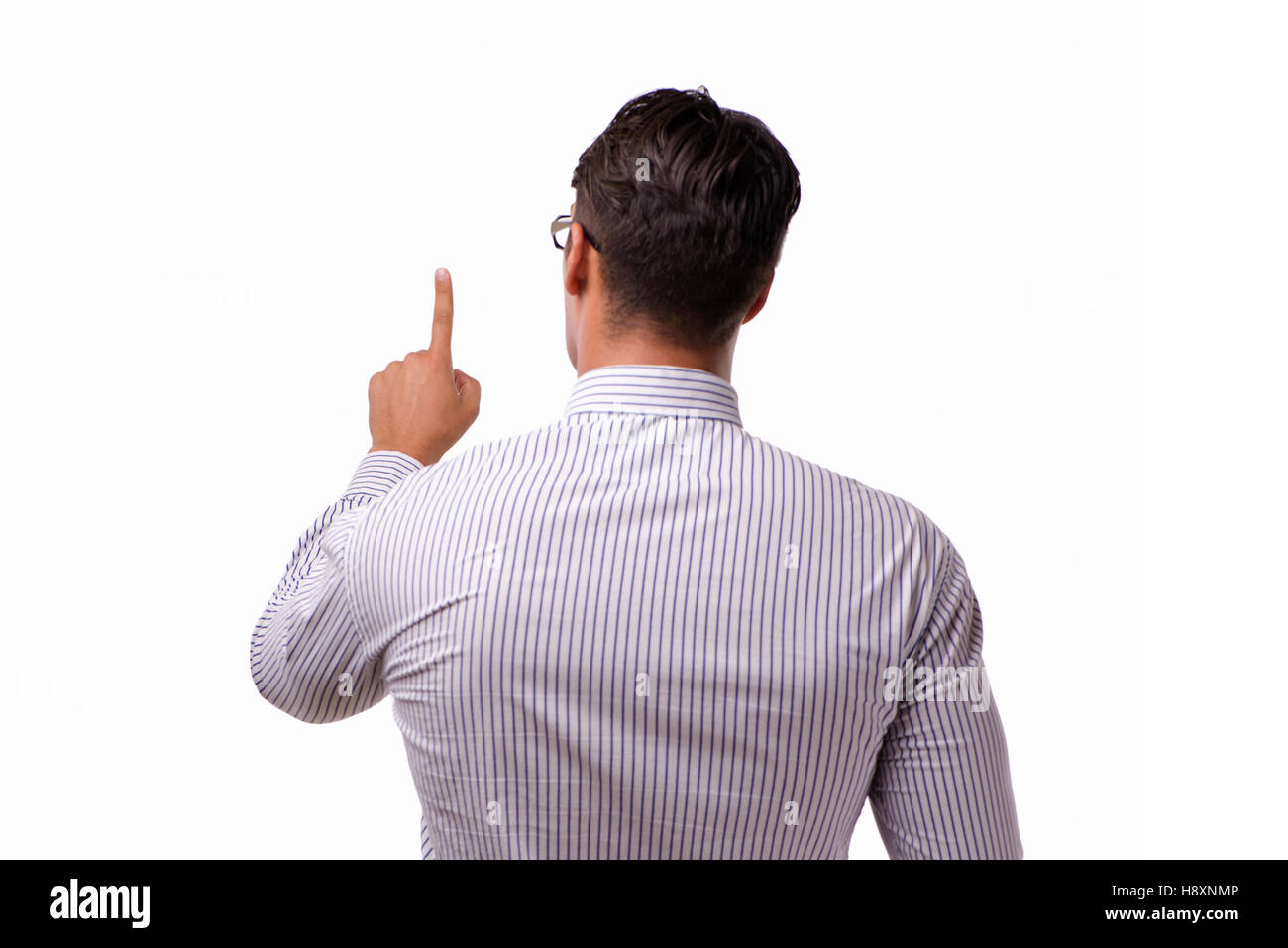 Young handsome businessman pressing buttons isolated on white Stock ...