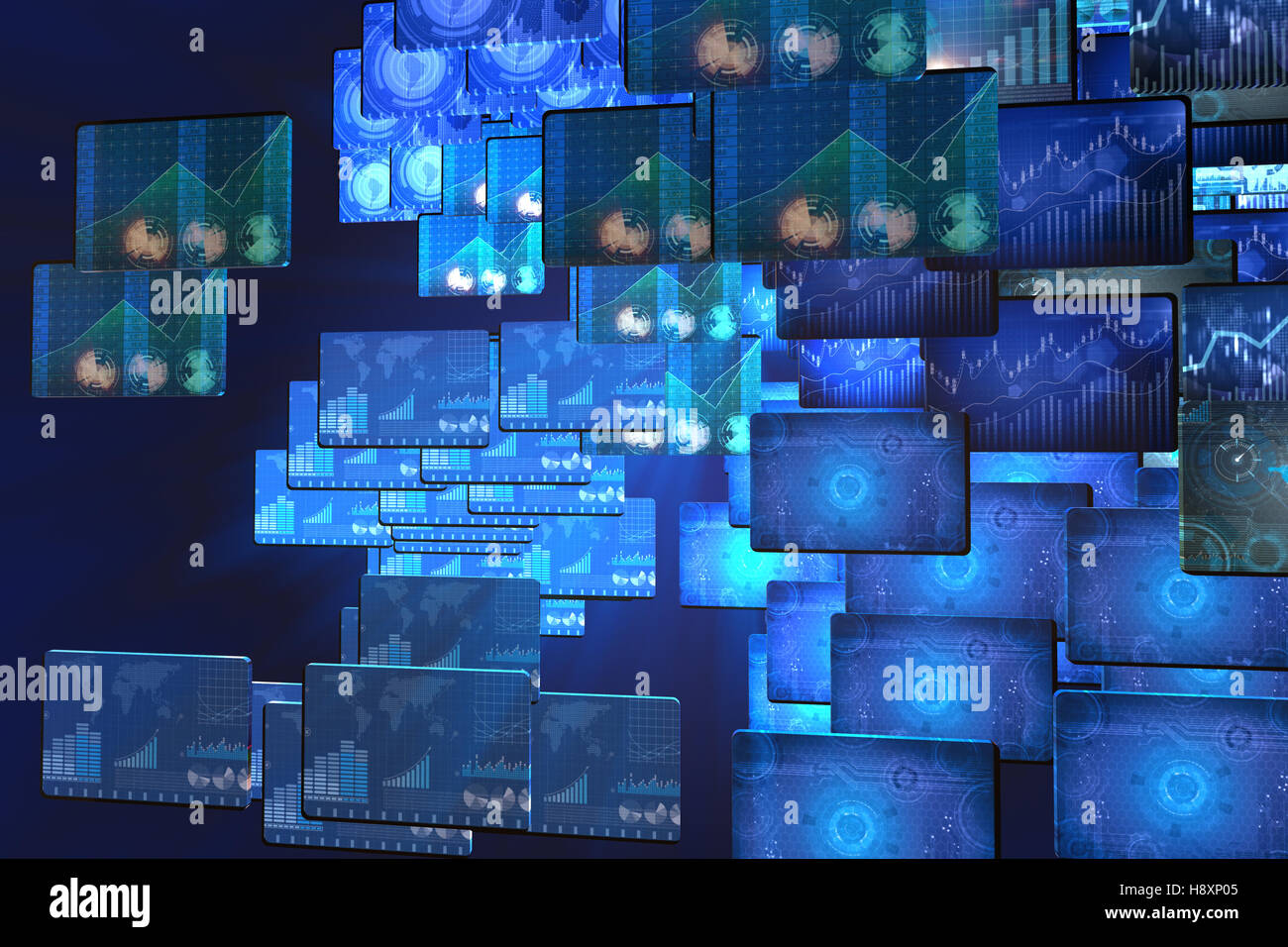 Many screen monitors with charts and graphs Stock Photo - Alamy