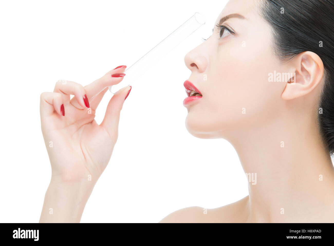fashion asian woman red lips nail and holding chemistry test lab tube ...