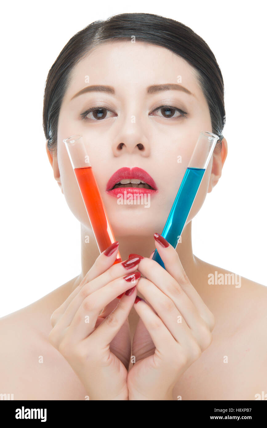 cosmetic just like use toxic chemistry liquid on women face, isolated ...
