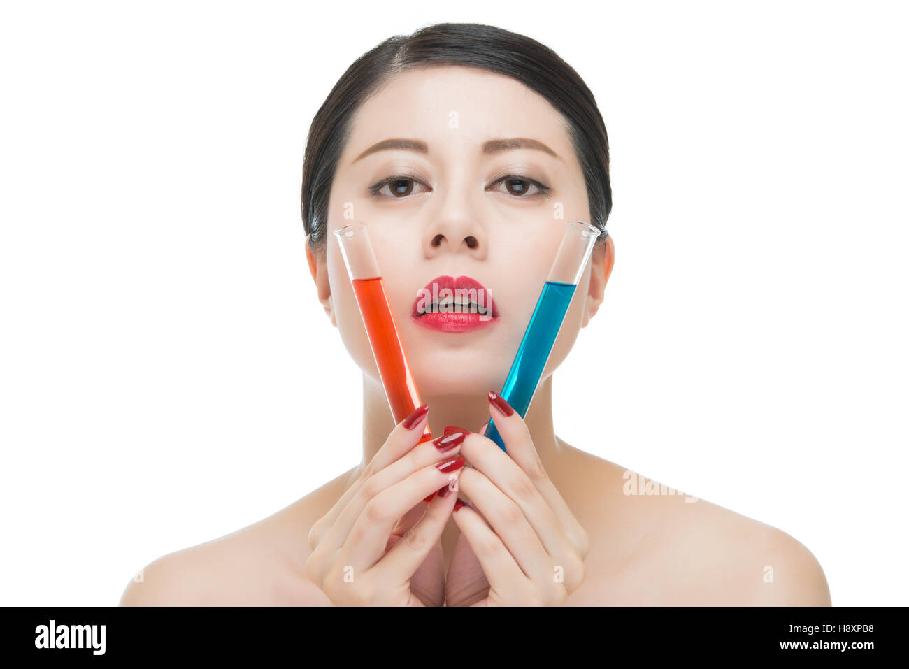 cosmetic just like use toxic chemistry liquid on women face, isolated ...