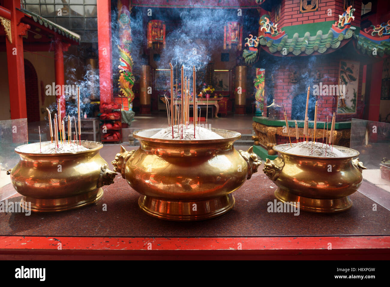 Incense sticks in the pot inside Guan Di Temple, also known as Kuan Ti ...