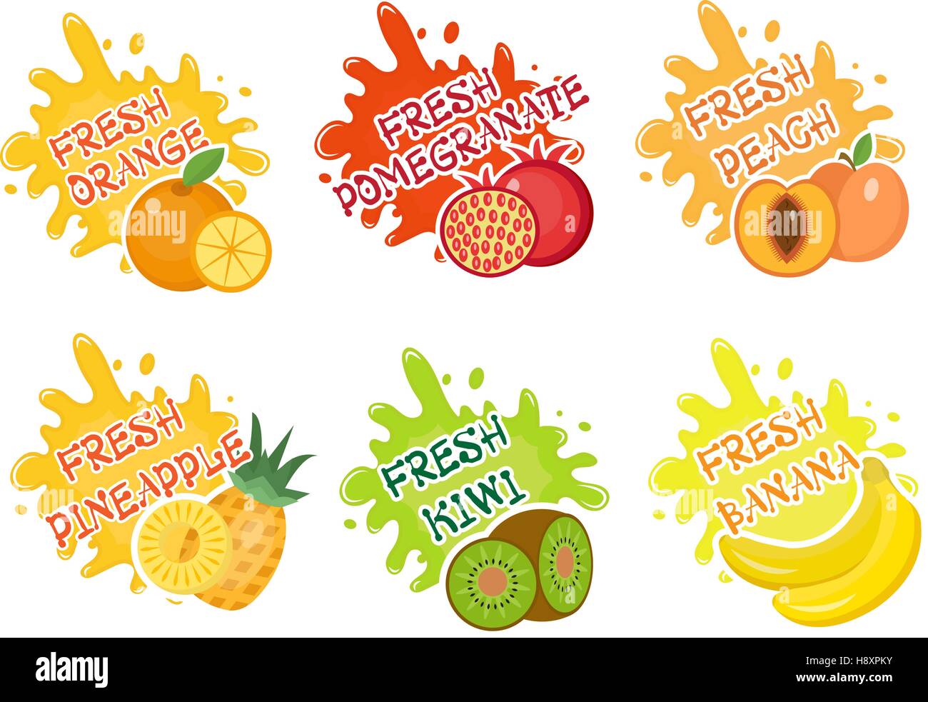Fruits splash set of labels. Fruit splashes, drops emblem and blot ...