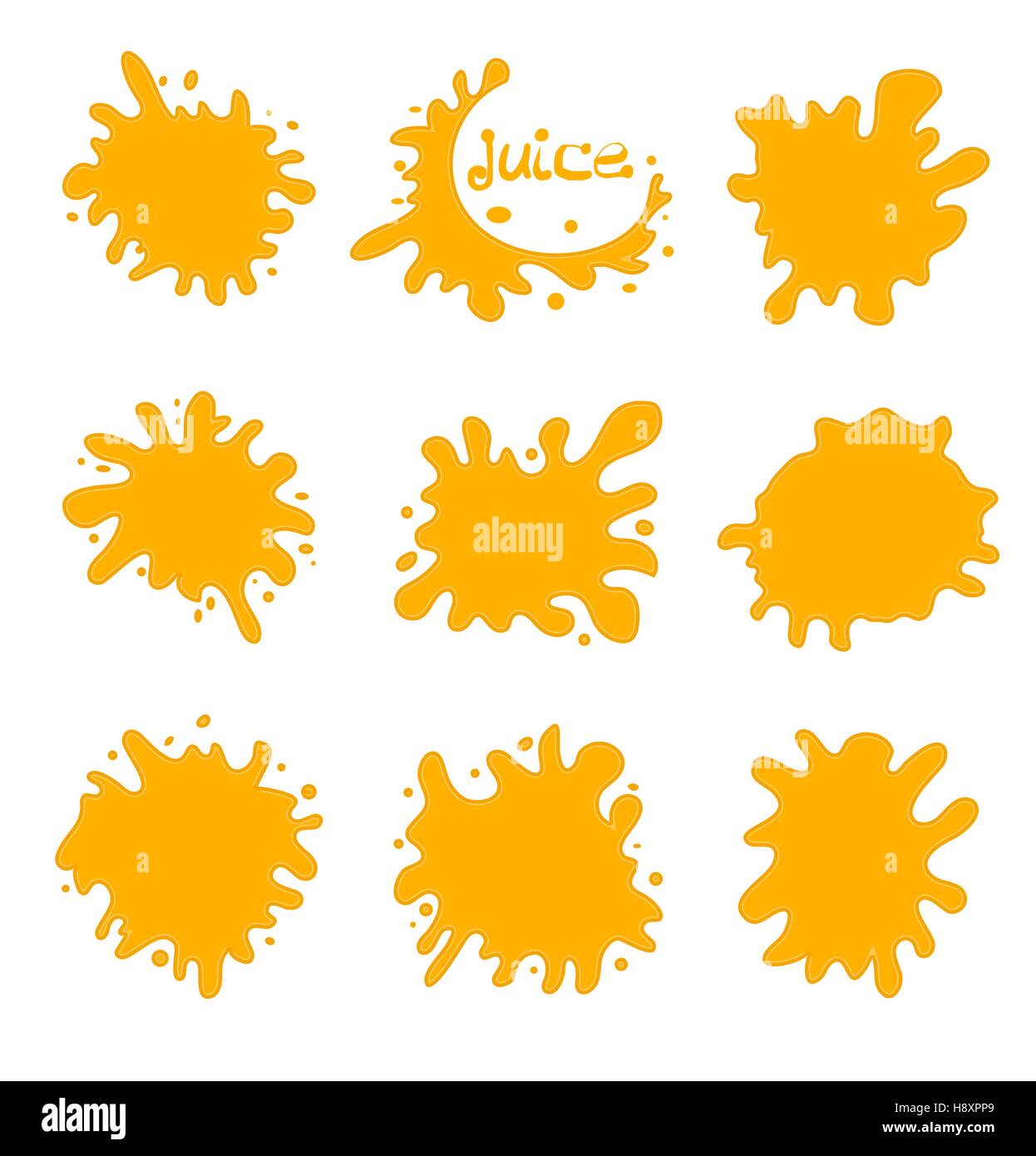 Juice splash set of labels. Orange splashes drops. Vector illustration ...
