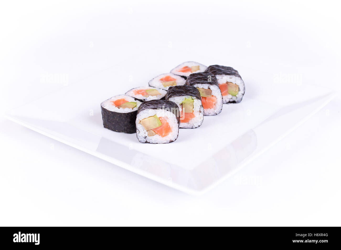 Sushi plate on white background Stock Photo - Alamy