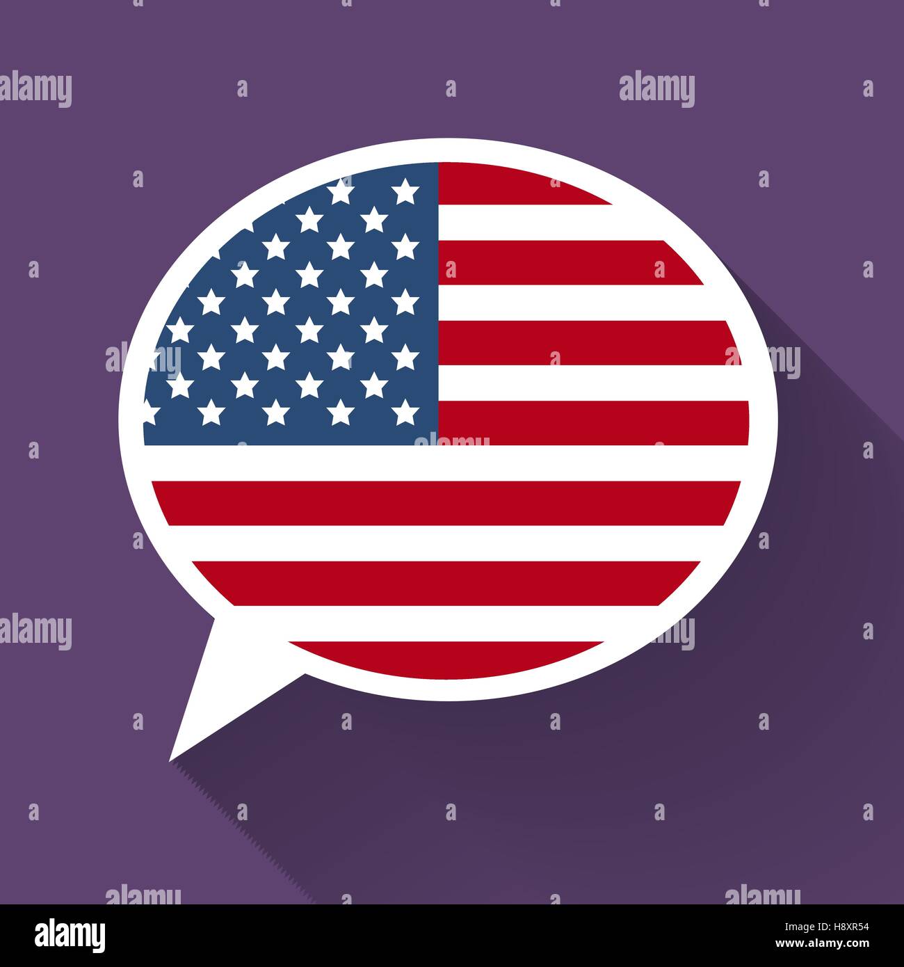White speech bubble with American flag and long shadow on purple ...