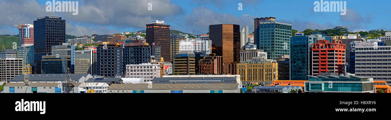 Panoramic view of the skyline of Wellington, North Island, New Zealand ...