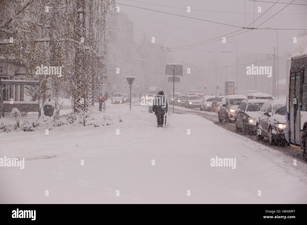 Winter background - snowstorm in city Stock Photo - Alamy