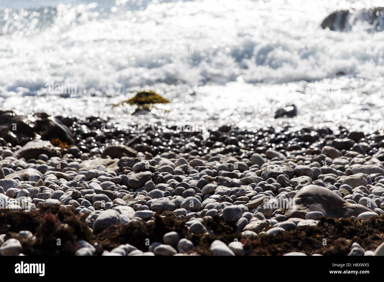 Pebbles on beach with coastal waves summer Stock Photo - Alamy