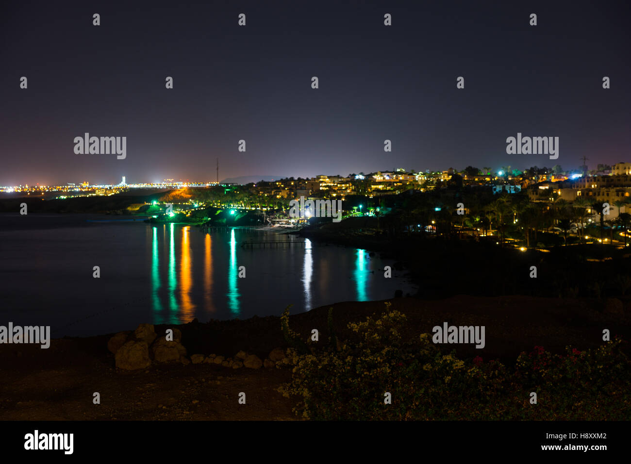 Magnificent evening view from sea for city in night illumination Stock ...