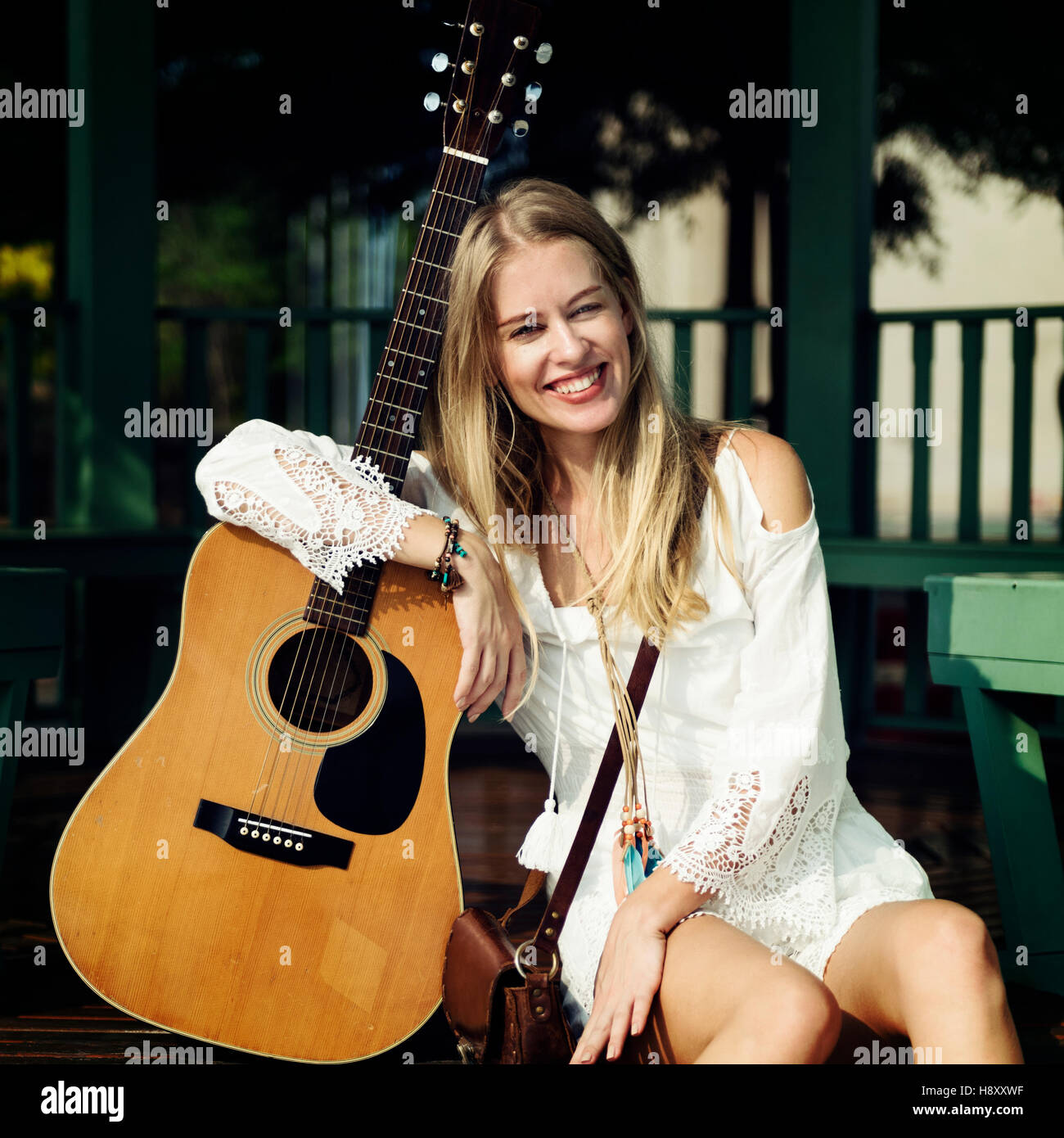 Guitar Girl Relaxation Casual Instrument Leisure Concept Stock Photo ...