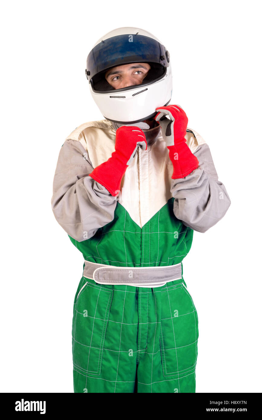 Racing driver posing with helmet isolated in white Stock Photo - Alamy