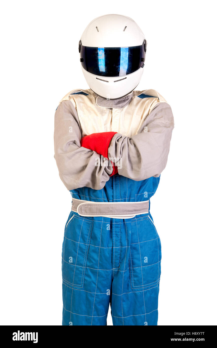 Racing driver posing with helmet isolated in white Stock Photo - Alamy