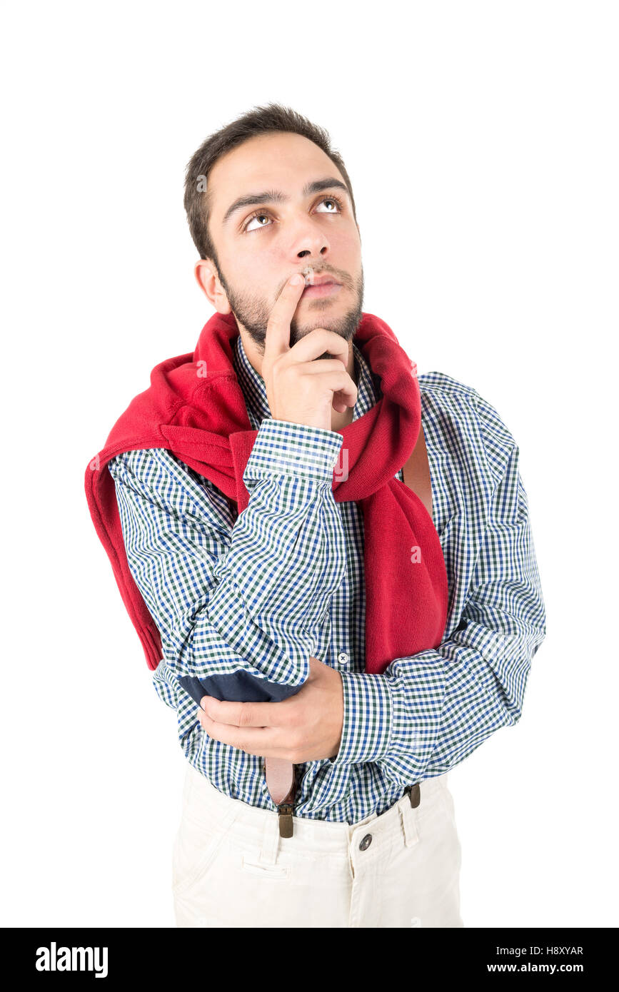 Young nerd thinking isolated in a white background Stock Photo - Alamy