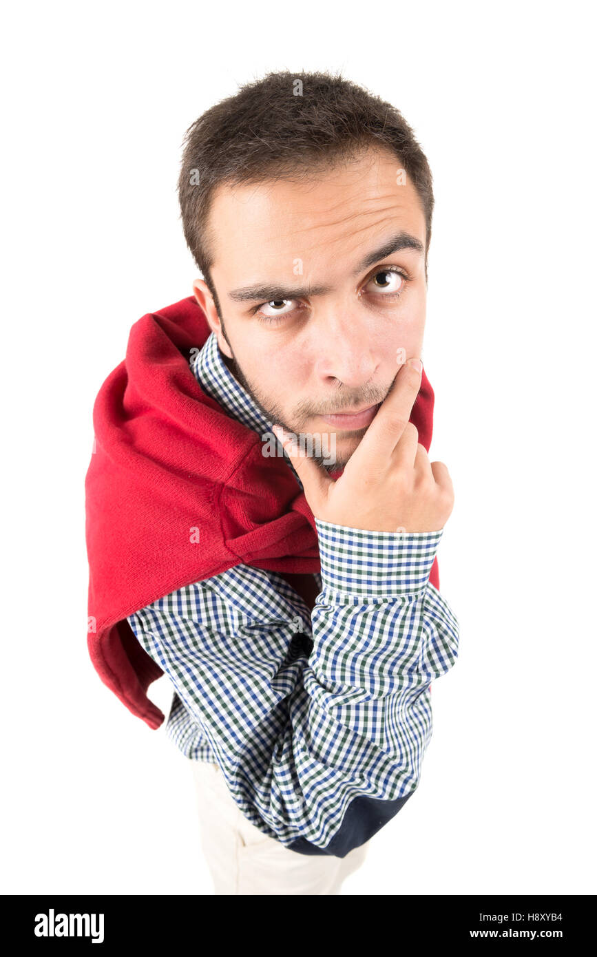 Young nerd thinking isolated in a white background Stock Photo - Alamy