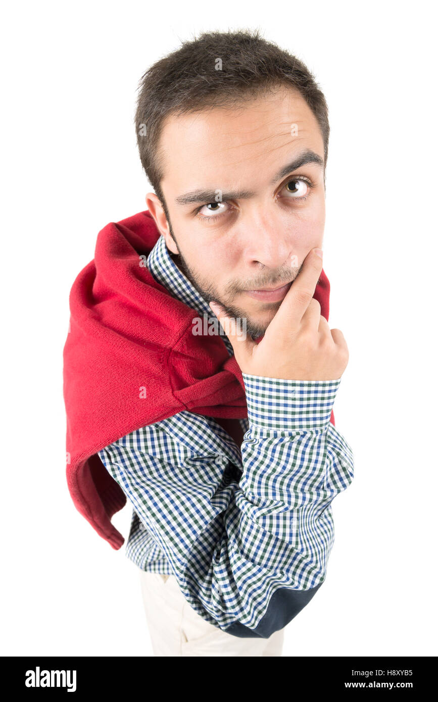 Young nerd thinking isolated in a white background Stock Photo - Alamy