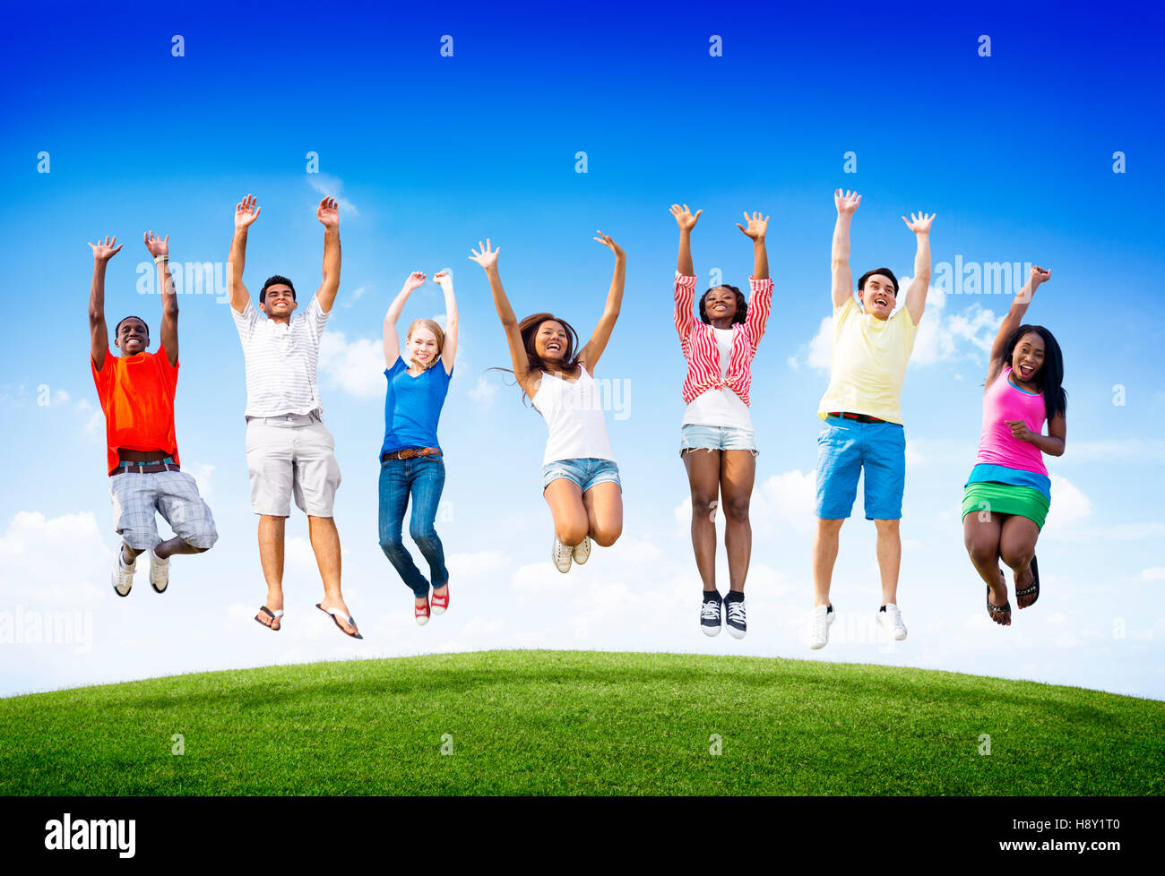Group Friends Outdoors Celebration Winning Victory Jump Concept Stock ...