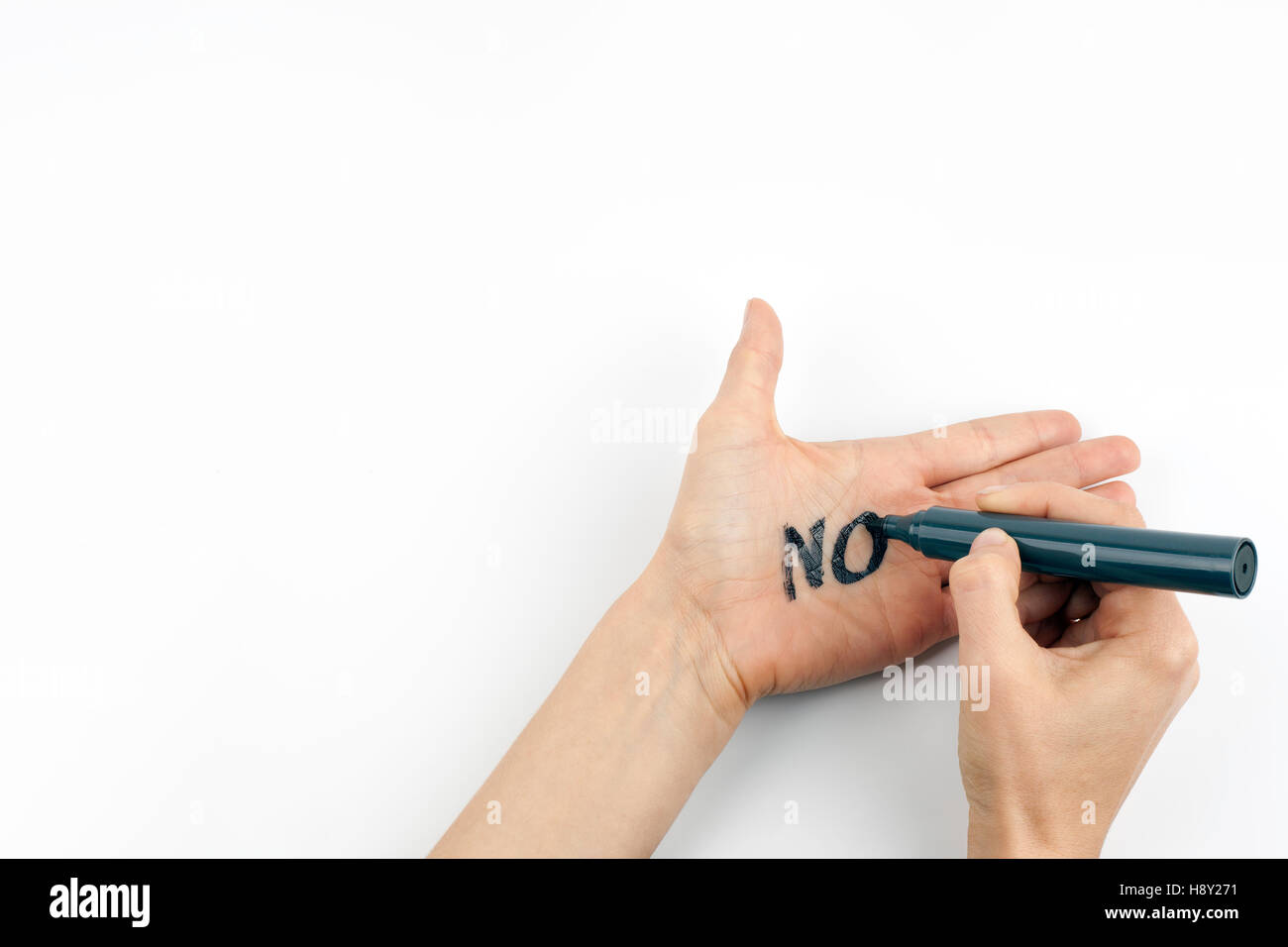 No, written on the woman's hand Stock Photo - Alamy