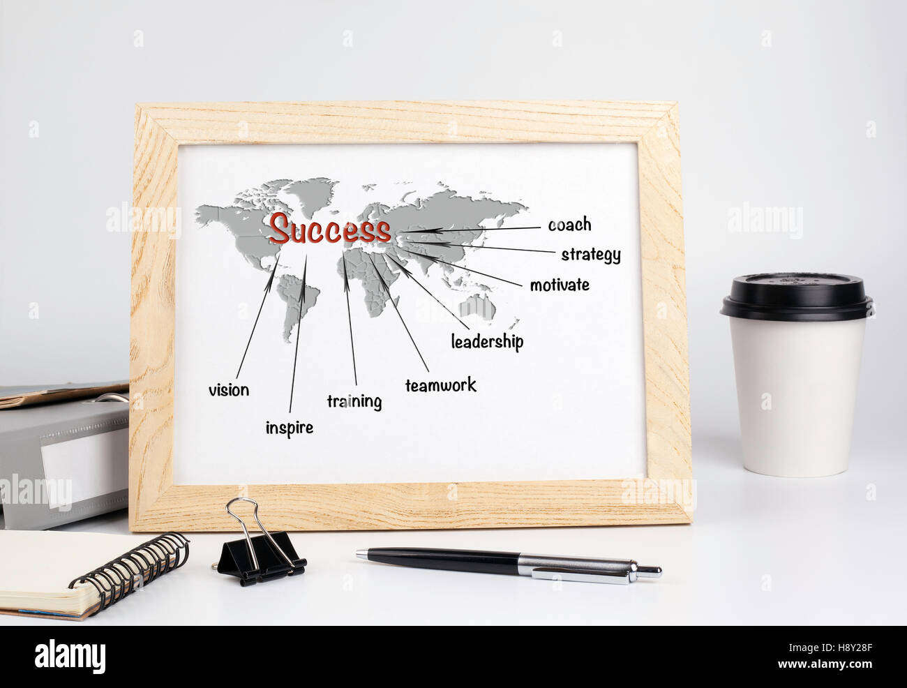 Office table with wooden frame, success concept Stock Photo - Alamy