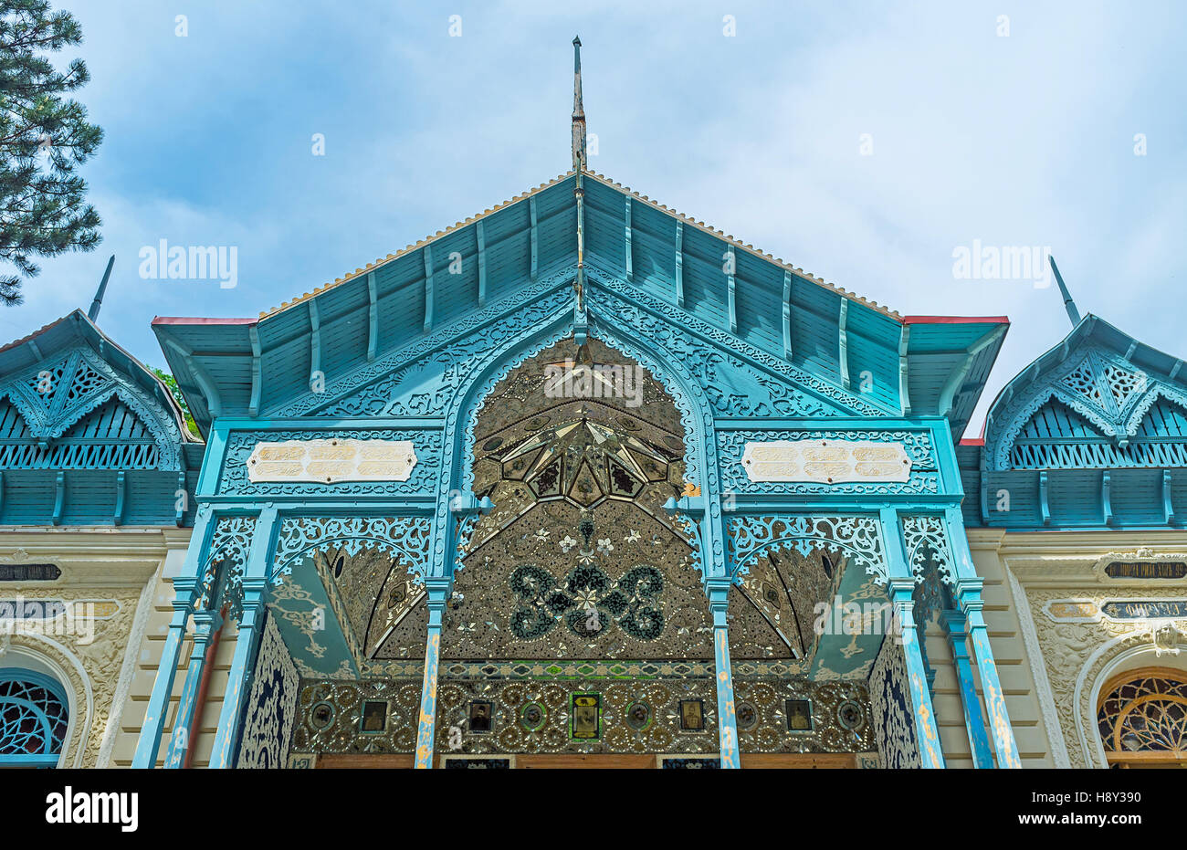 The scenic balcony of Firuza Persian Palace decorated with stellar and ...