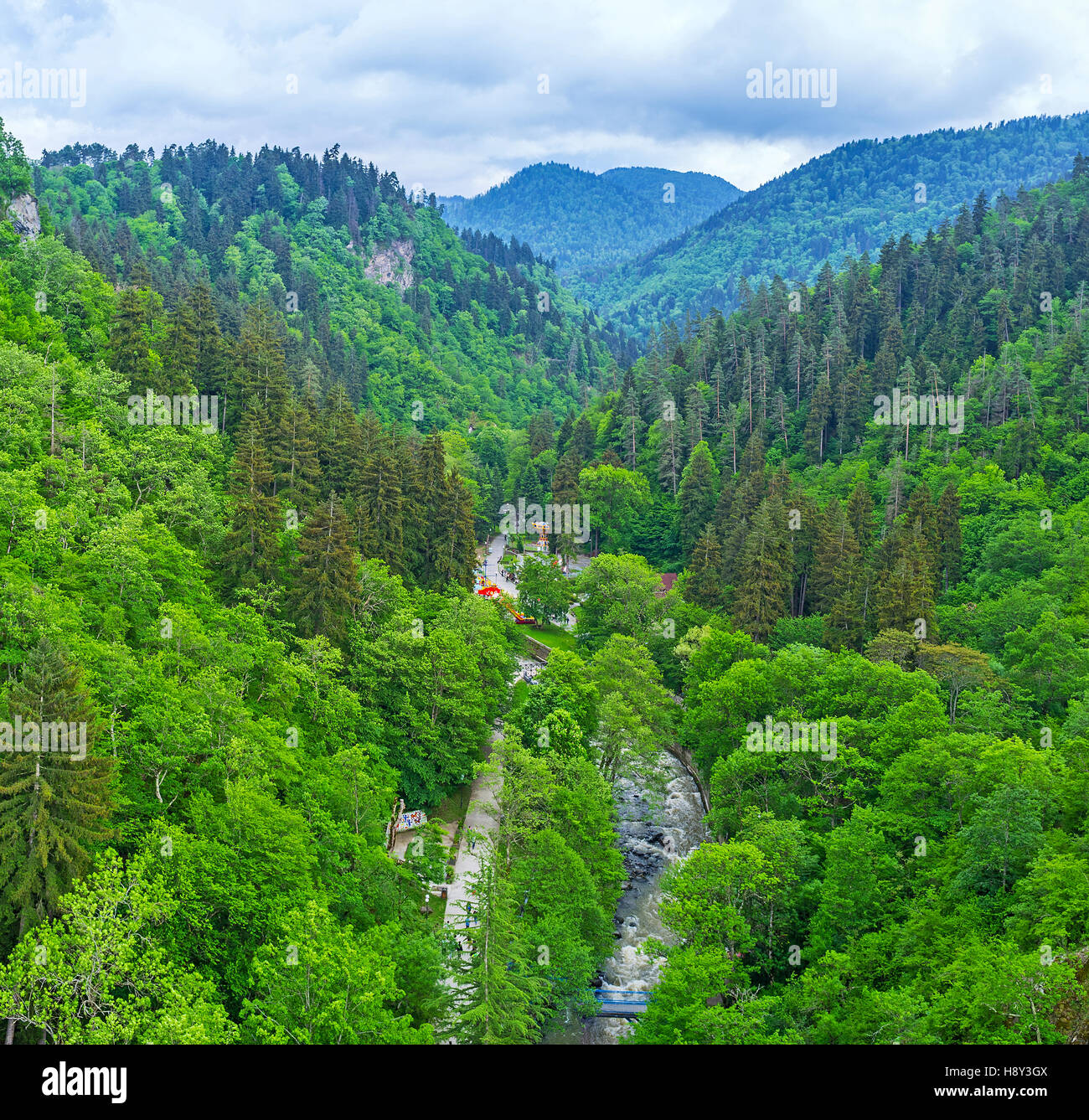The Borjomula river flows along green and narrow Borjomi gorge, the ...